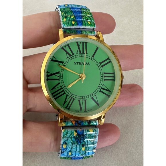 Strada | Accessories | Strada Ladies Gold Round Green Dial Peacock ...